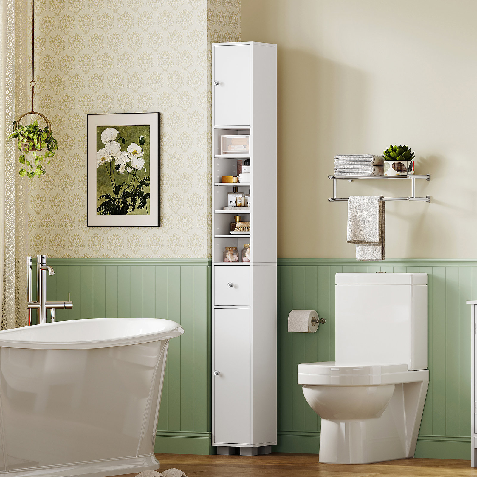 Ebern Designs Narrow Bathroom Storage Cabinet With Adjustable Shelves & Drawer, 71" H Tall ...